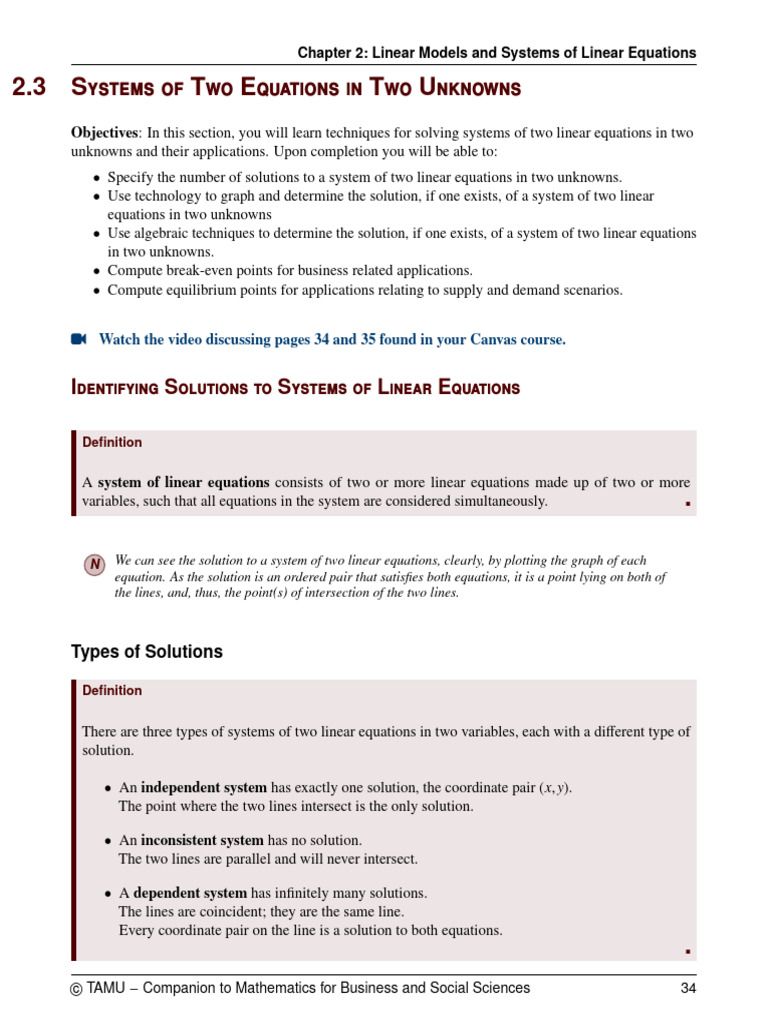 MATH 140 LectureNotes Chapter 2 Section 3 | PDF | Equations | System Of ...