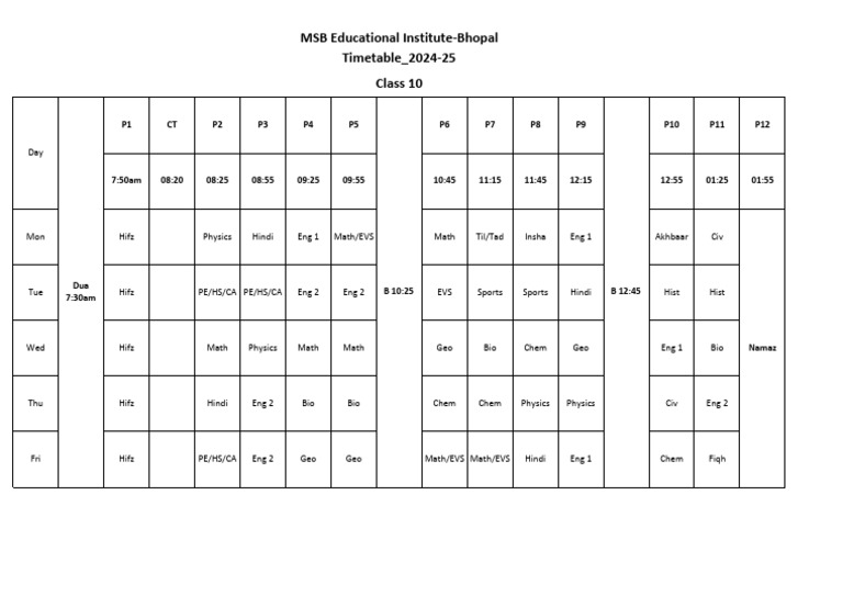 Class 10 Timetable 2024-25 | PDF