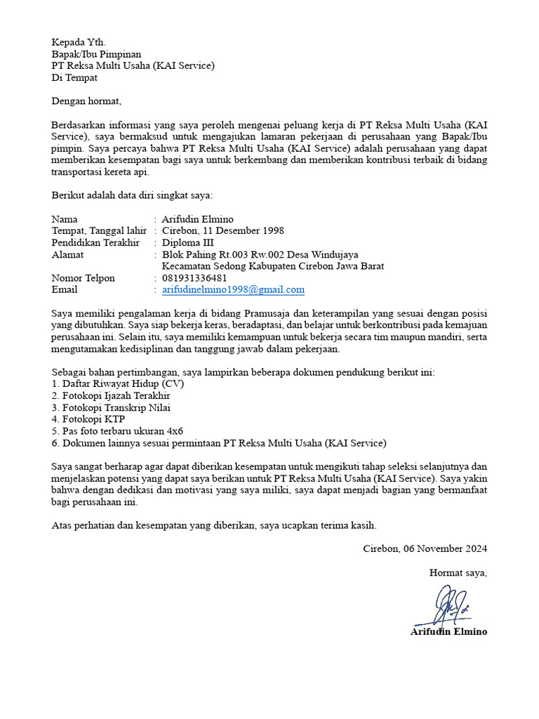 Surat Lamaran Kerja KAI Service | PDF