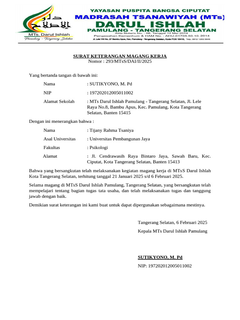 Surat Keterangan Magang Kerja | PDF