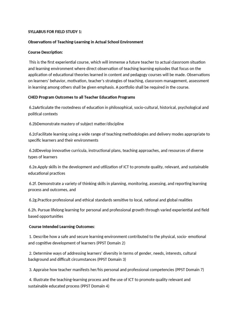 Field Study Syllabus for Future Teachers | PDF | Learning | Educational ...