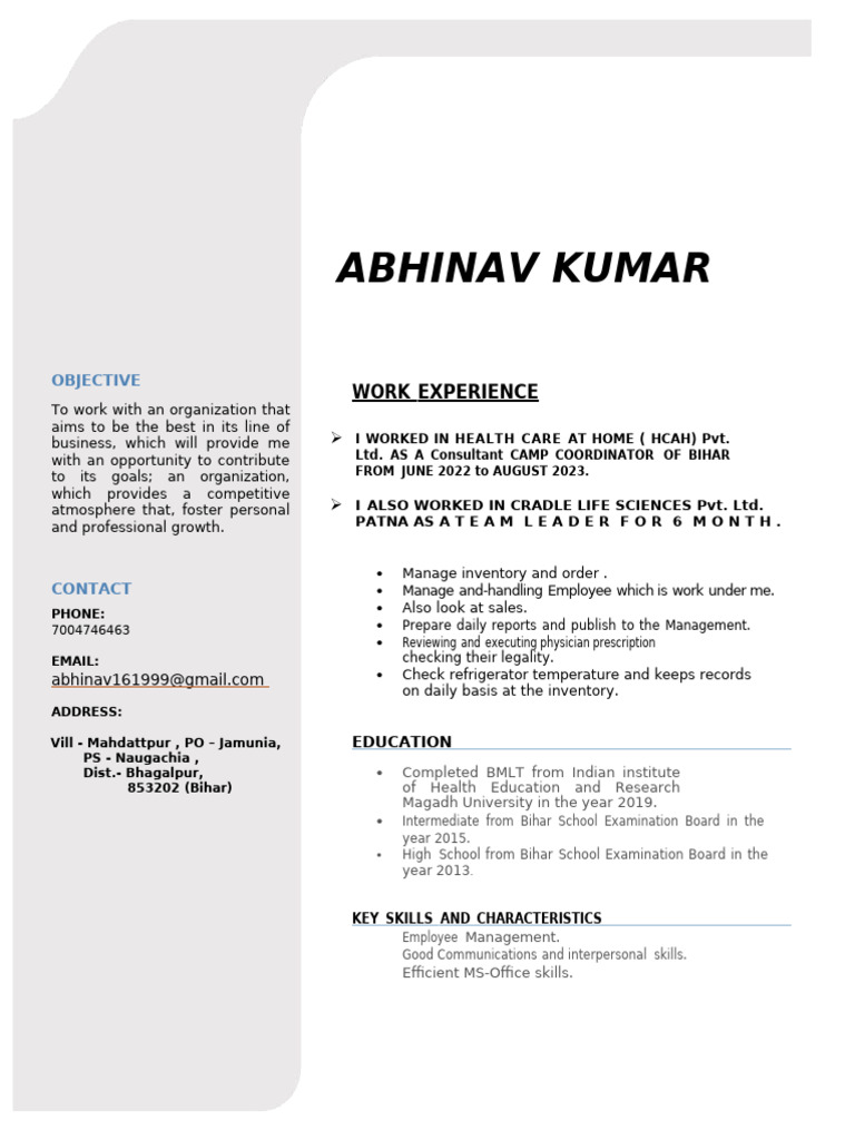 Abhinav Kumar: Work Experience | PDF | Cognition | Learning