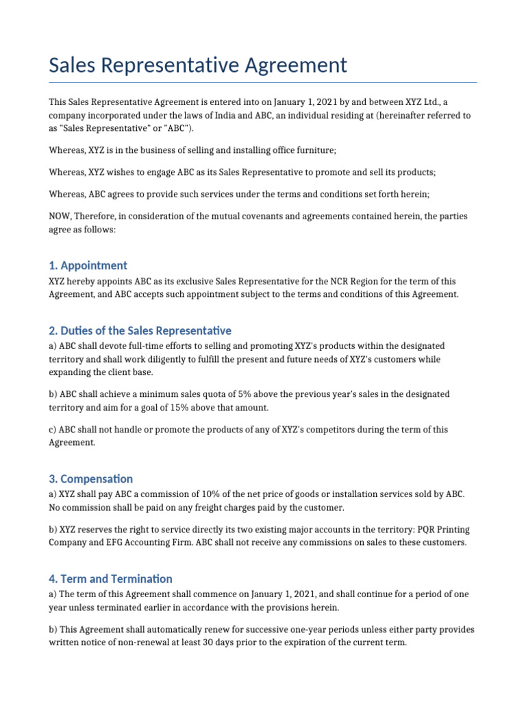 Sales Representative Agreement for XYZ Ltd. | PDF | Sales | Justice