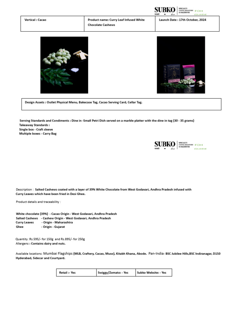 Curry Leaf Infused White Chocolate Coated Cashews FOH Sheet | PDF