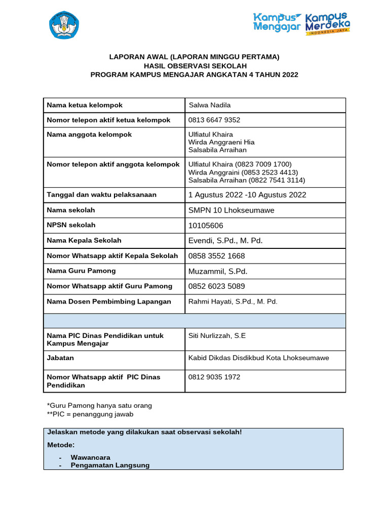 Format Laporan Awal Mahasiswa Kampus Mengajar | PDF