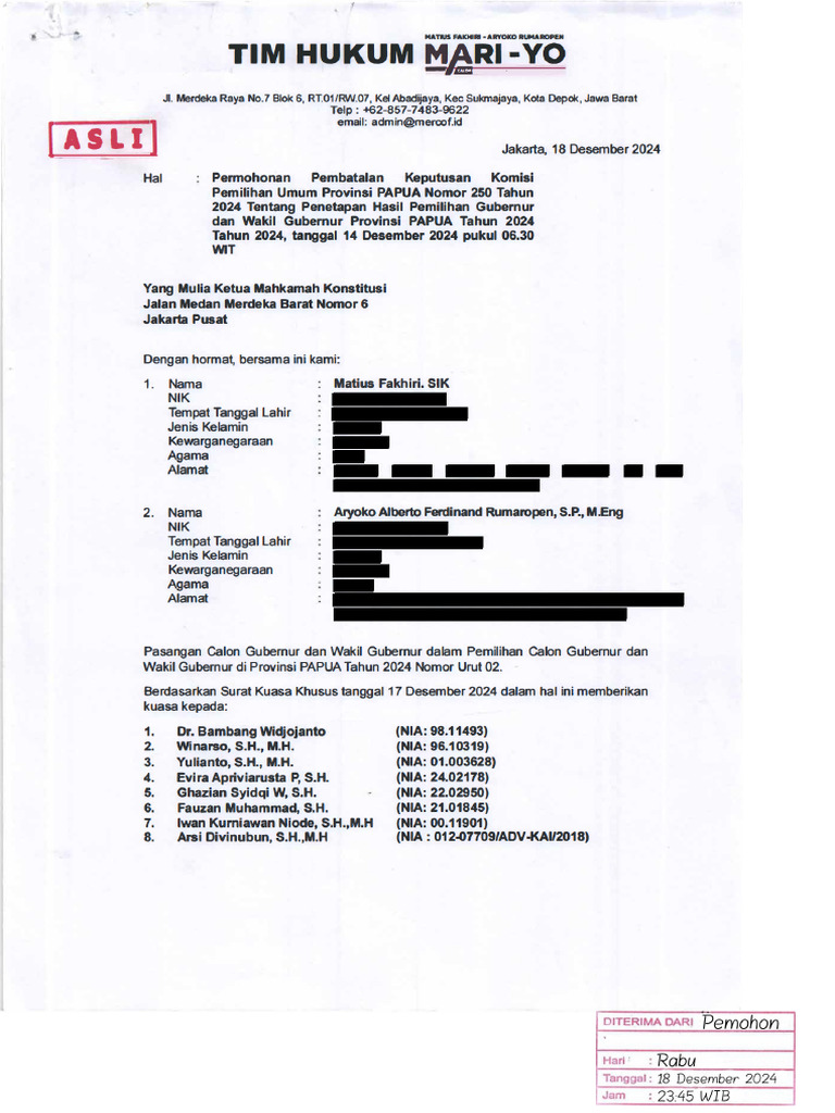 Permohonan Perselisihan Pilgub Papua 2024 | PDF