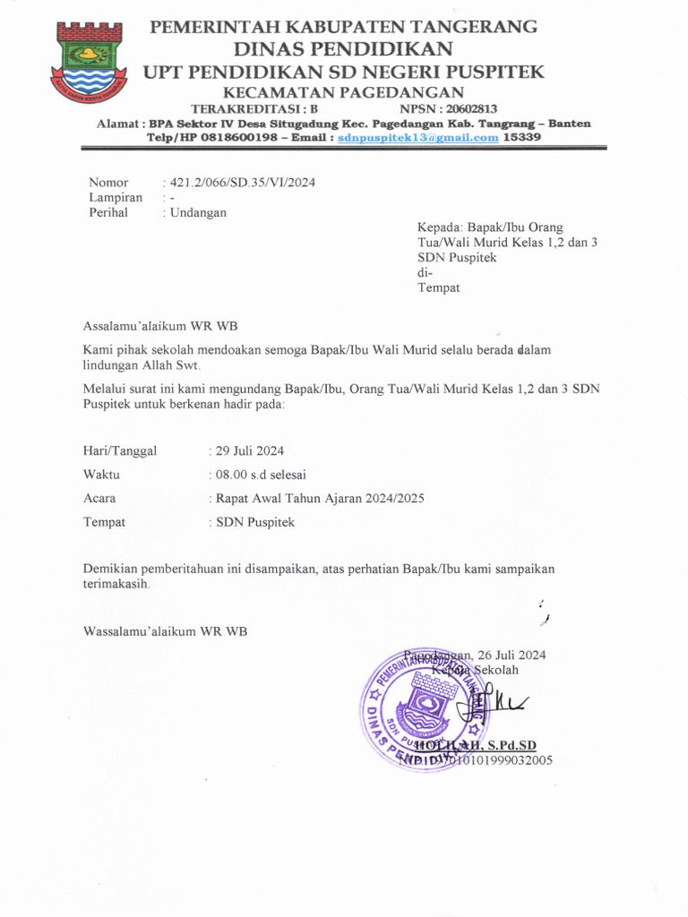 Undangan Rapat Awal Tahun Kelas 1,2,3 | PDF