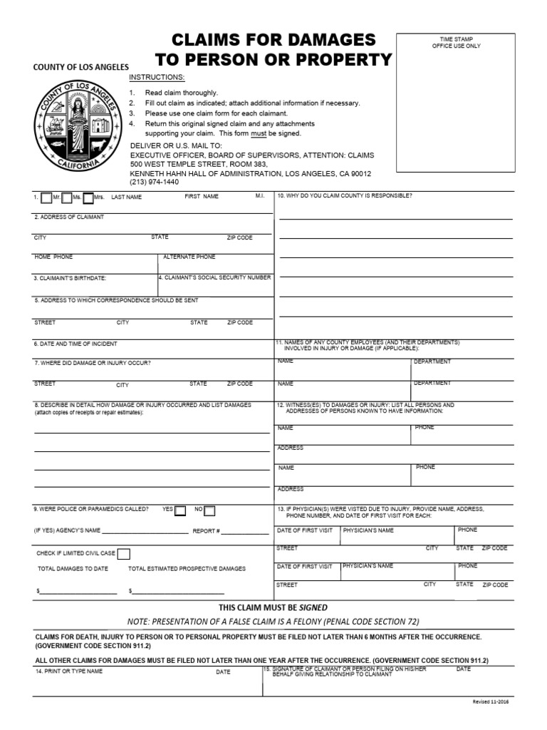 Countyof Los Angeles Claim Form | PDF | Zip Code