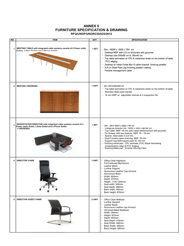 ANNEX II FURNITURE SPECIFICATION & DRAWING - UNDP | PDF | Lamination | Chair