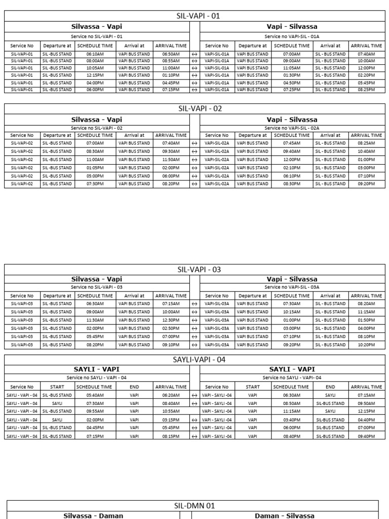Silvassa Vapi Daman Khanvel Bus Schedules | PDF