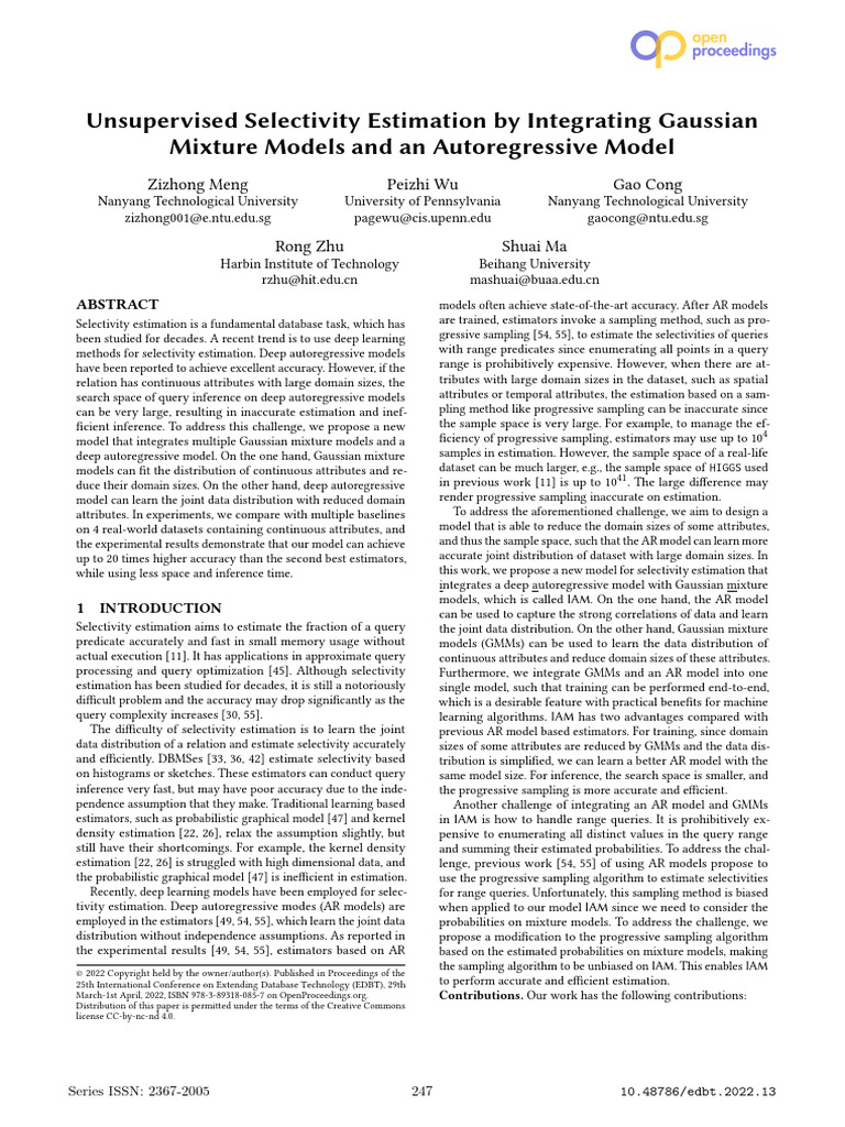 2022 Unsupervised Selectivity Estimation By Integrating Gaussian Mixture Models And An