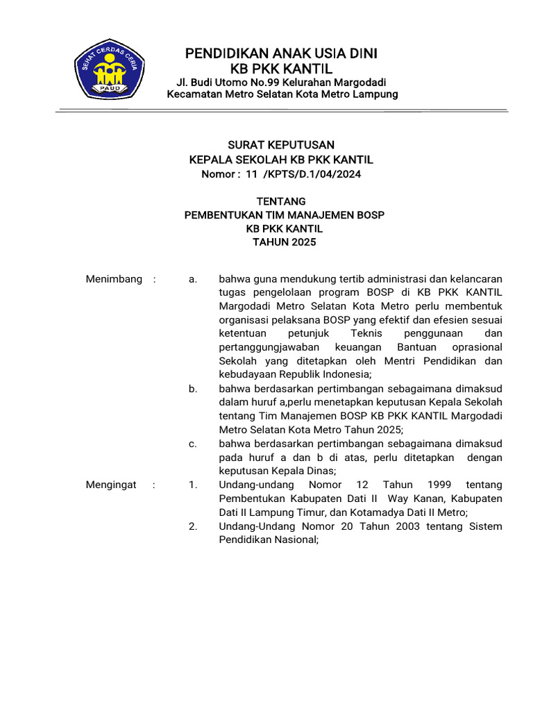 Format SK Tim Pembinaan Dana Bosp 2025 | PDF