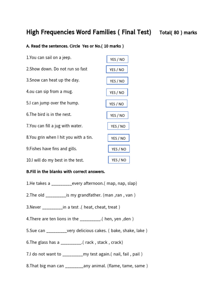 High Frequency Words Final Test (21.7.24) | PDF
