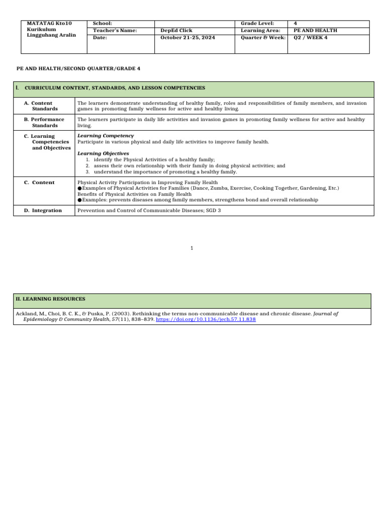 Grade 4 PE & Health: Family Wellness Activities | PDF | Infection ...