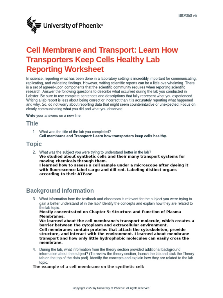 Bio350 v5 Wk3 Cell Membrane Lab Report Observational | PDF | Cell ...