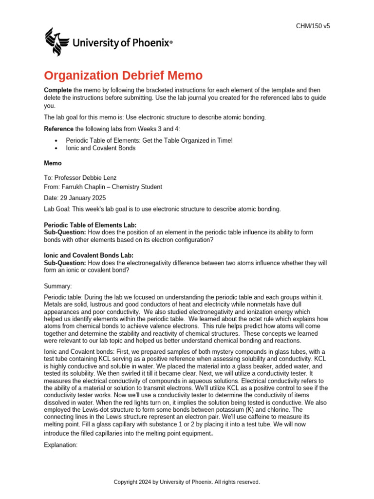 chm150 v5 wk4 Debrief Memo Template | PDF | Chemical Bond | Ion