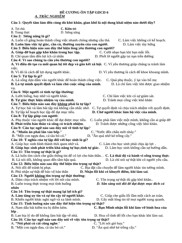 ĐỀ cương hk 1 GDCD 6 | PDF