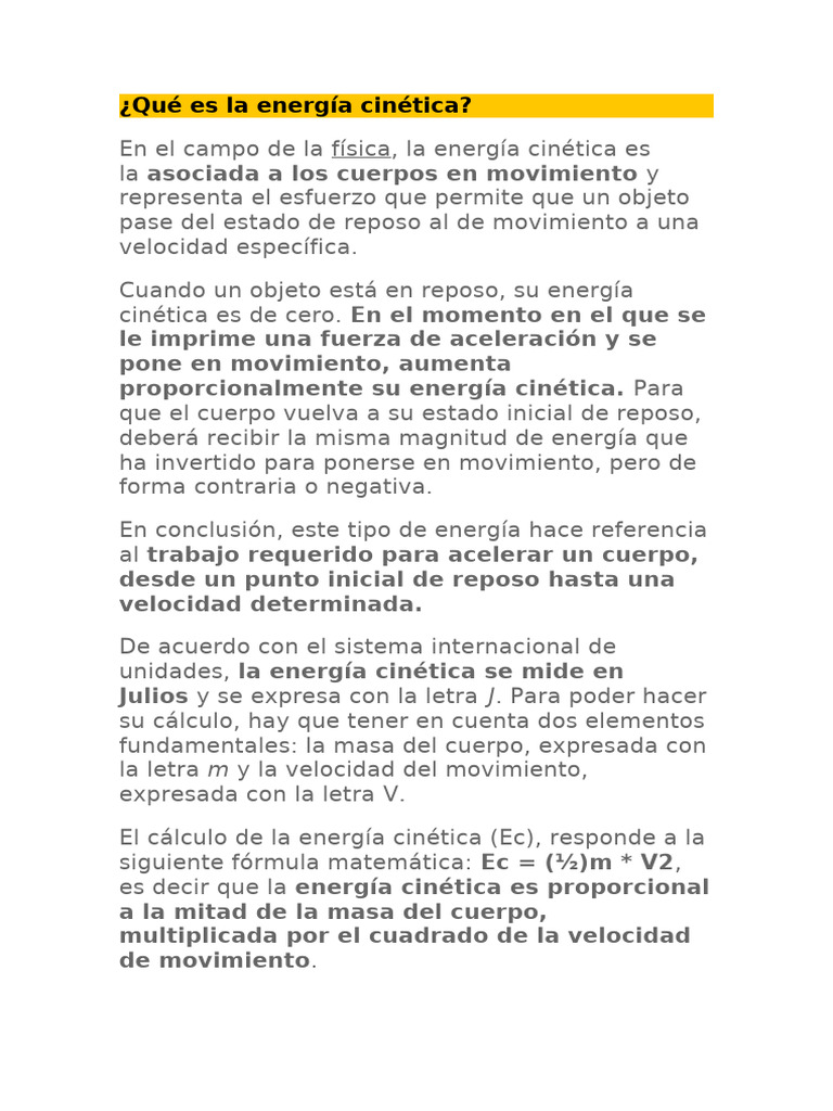 Definición de energía cinética | PDF | Energía cinética | Mecánica
