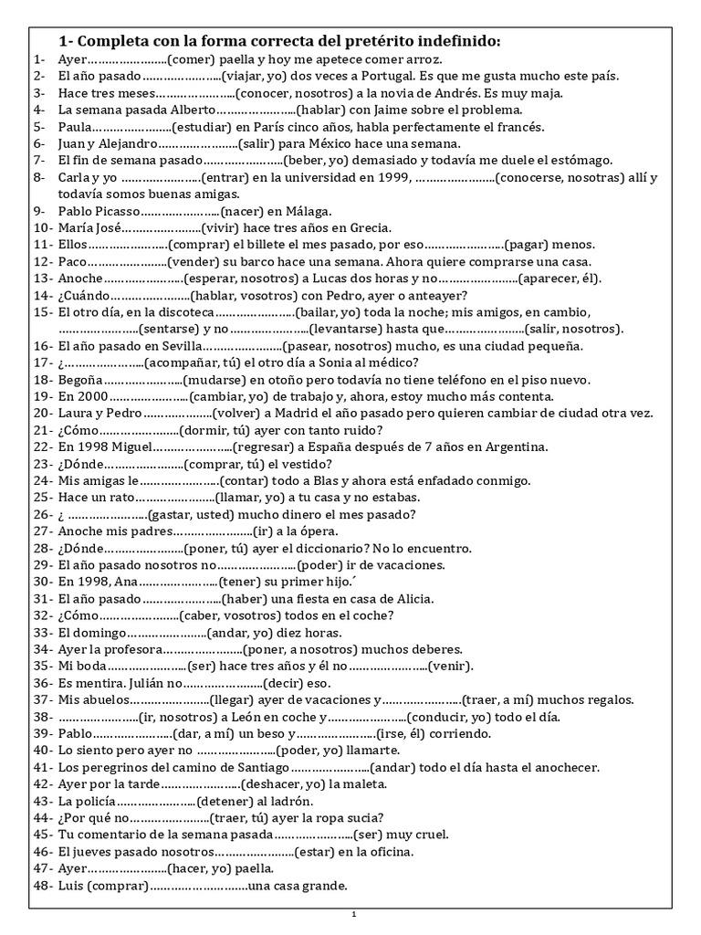 Ejercicios de pretérito indefinido | PDF