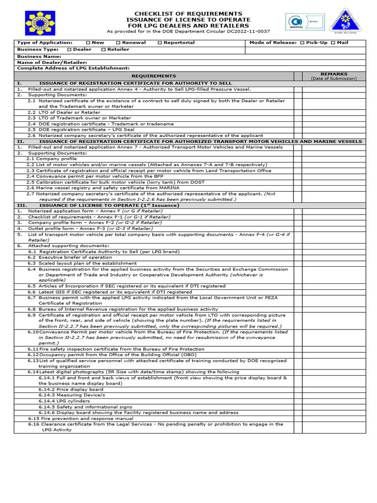 LPG Dealer License Requirements Checklist | PDF
