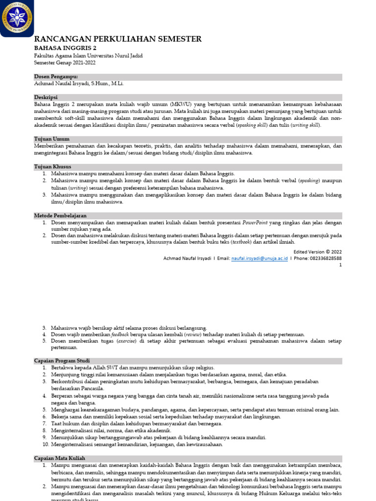 RPS Bahasa Inggris 2 HK | PDF