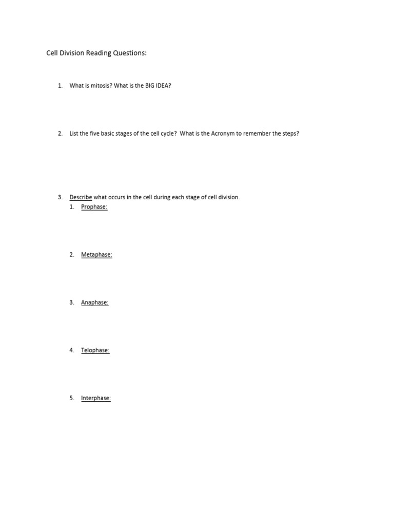 Cell Division Reading Questions | PDF