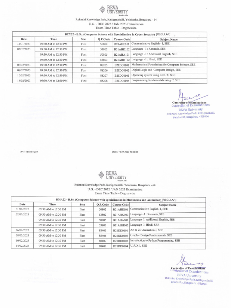 1st Sem Exam Timetable | PDF