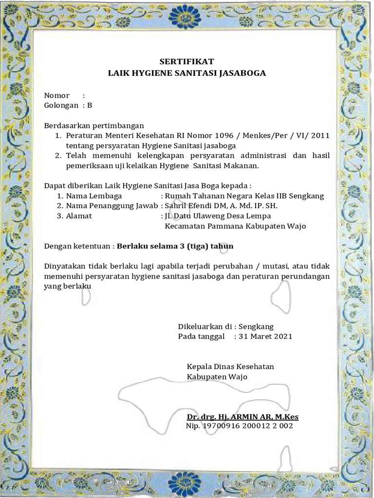 Sertifikat Laik Hygiene | PDF