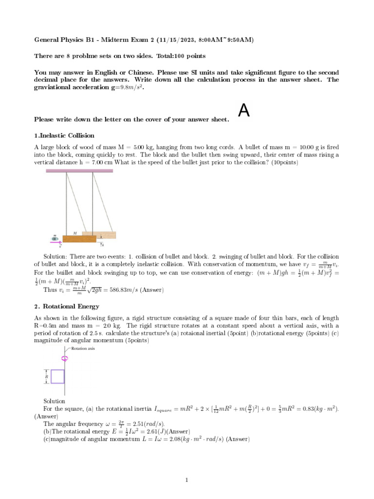 General Physics B1 - Midterm Exam 2A - 2024 - Solution | PDF | Angular Momentum | Rotation
