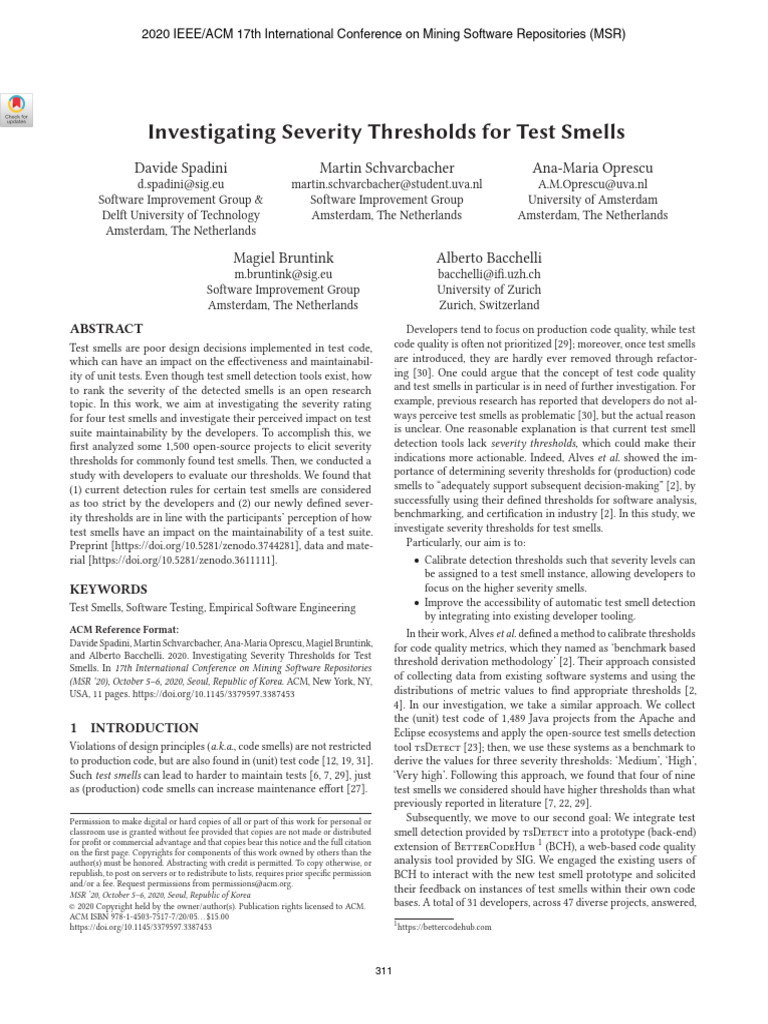 Spadini - Investigating Severity Thresholds For Test Smells | PDF ...