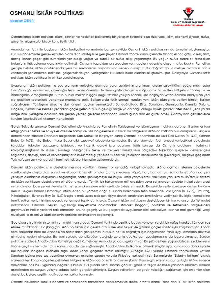 OSMANLI İSKÂN POLİTİKASI Ansiklopediler - TÜBİTAK | PDF