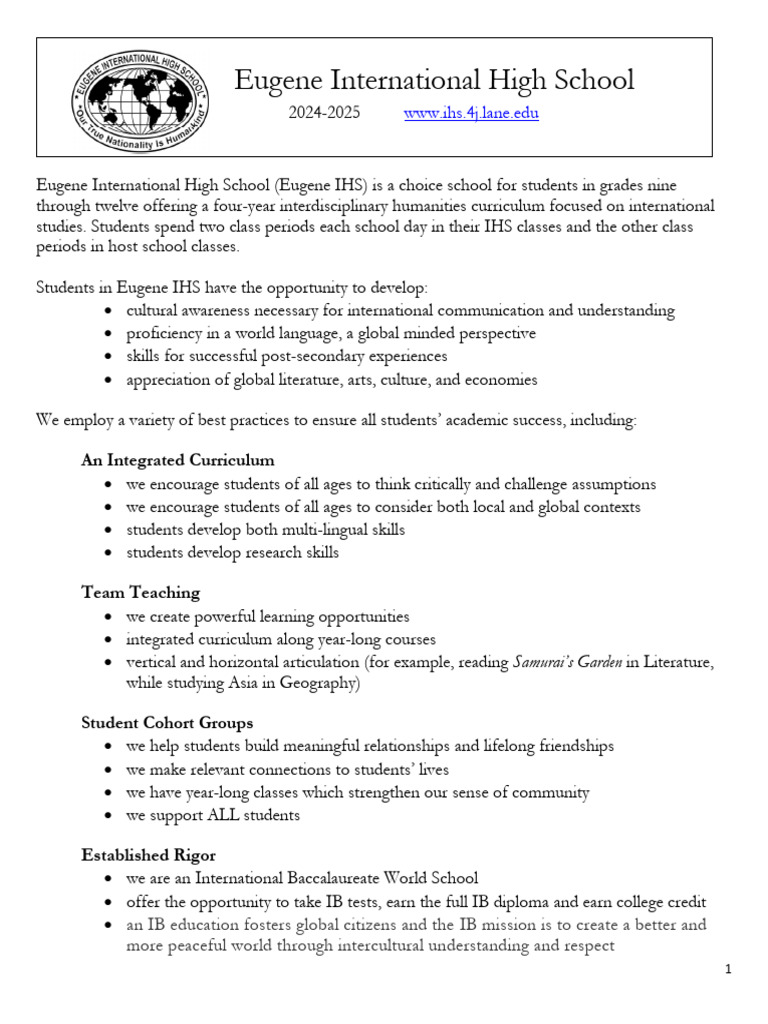 Eugene IHS: IB Curriculum Overview | PDF | Educational Stages