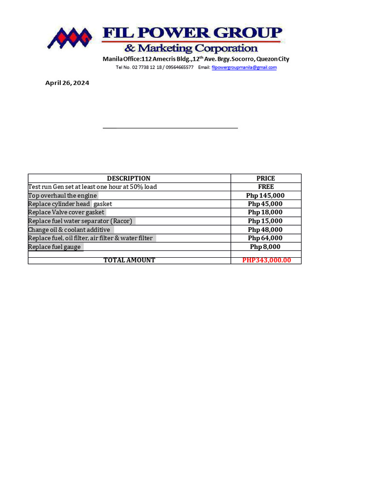 DEVINE MERCY 750 Genset PMS FINAL Price | PDF | Engines | Internal ...