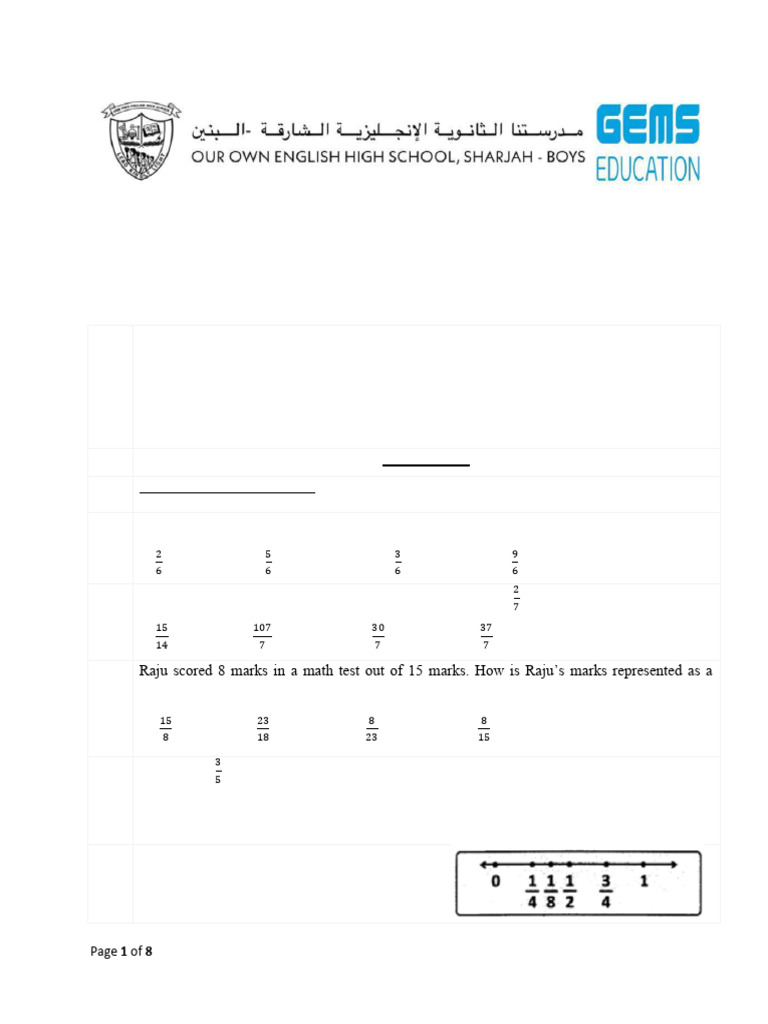 Grade 5 Mathematics Fractions Worksheet | PDF | Mathematics | Numbers