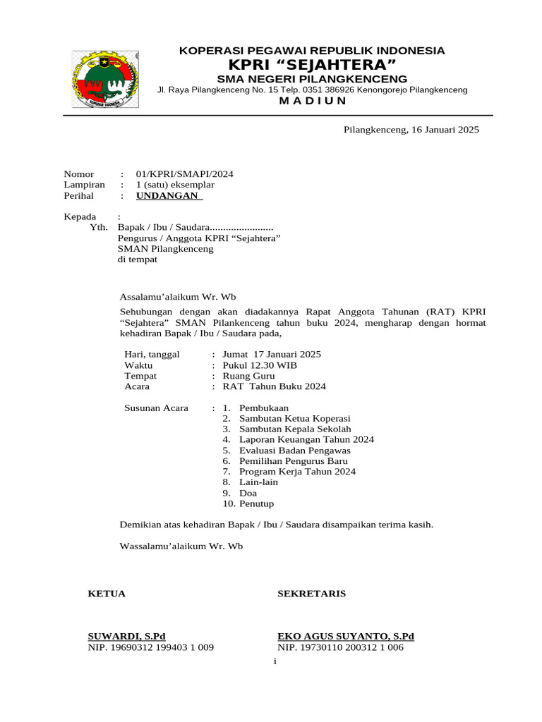 Undangan RAT KPRI Sejahtera 2024 | PDF