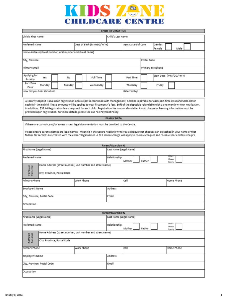 Kids Zone Childcare Registration Form | PDF | Child Care | Fee