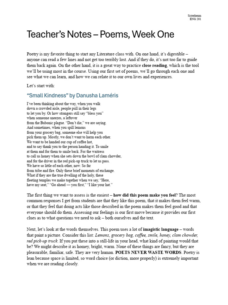 Teacher Notes - Week 1 Poetry | PDF