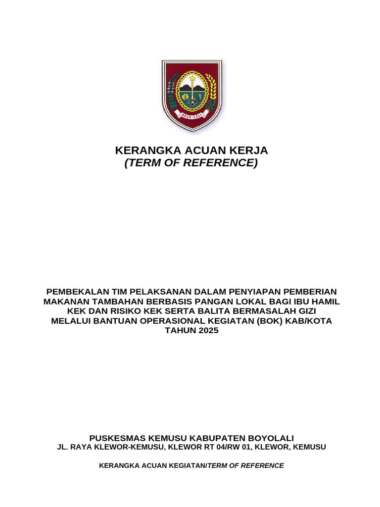 TOR Pelatihan PMT Kemusu | PDF