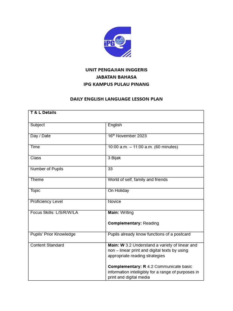 (16.11) 3B Lesson Plan - On Holiday - D59 | PDF | Teachers | Lesson Plan