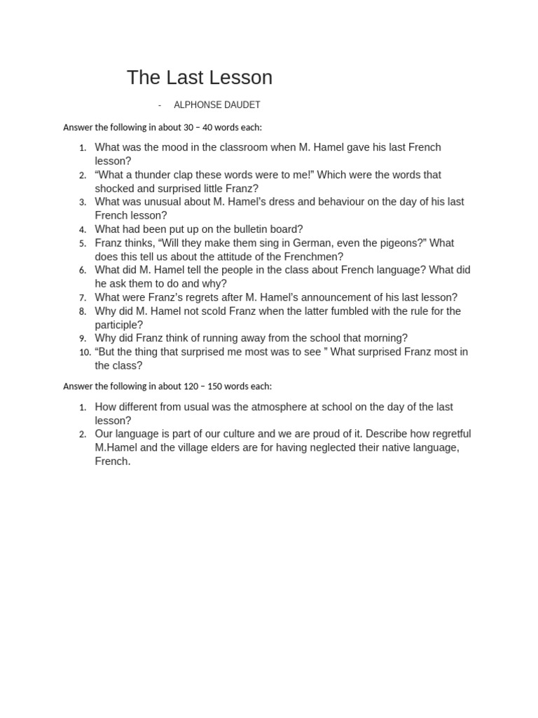 THE LAST LESSON International Question Bank | PDF