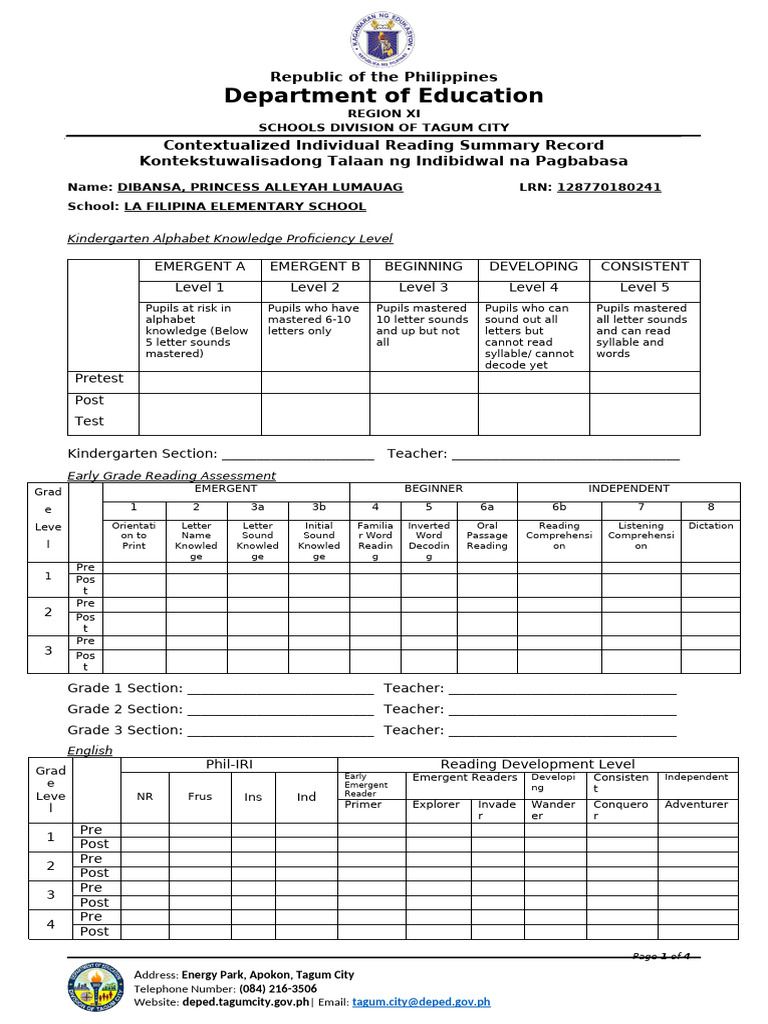 Contextualized Individual Summary Record | PDF | Phonics | Language ...
