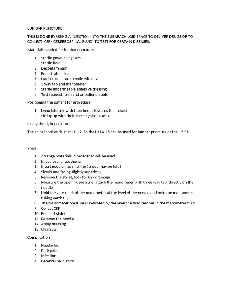 Lumbar Puncture Procedure Guide | PDF