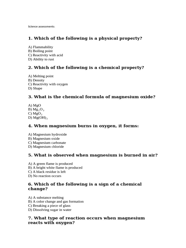 Science Quiz: Properties and Reactions | PDF | Magnesium | Chemical ...