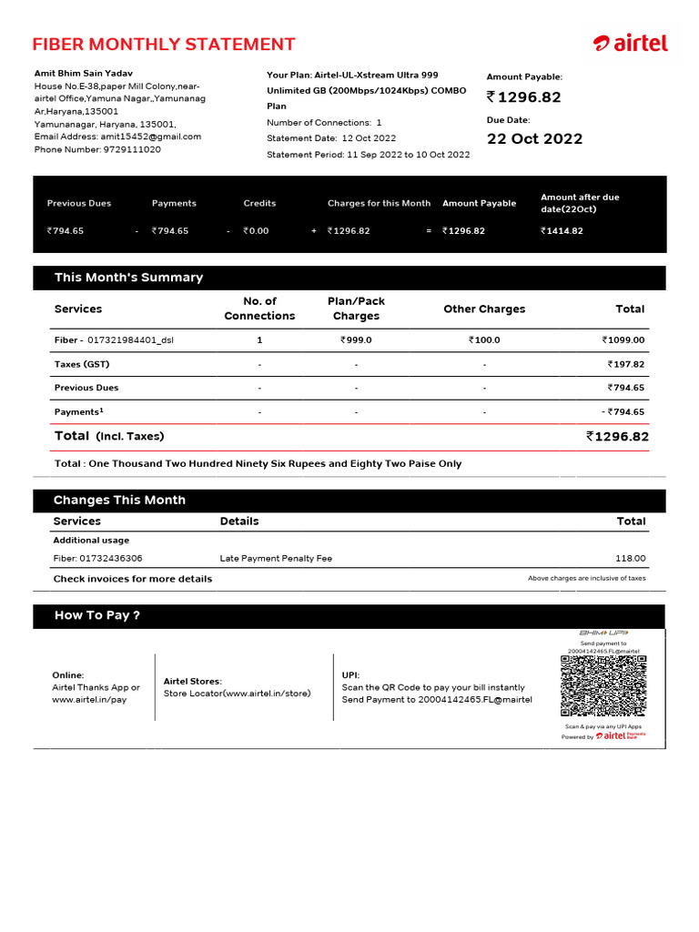 Monthly Fiber Bill: ₹1296.82 Due | PDF | Cheque | Payments