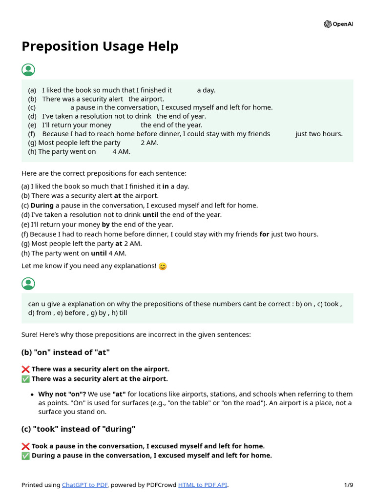 Preposition Usage Help | PDF | Linguistics