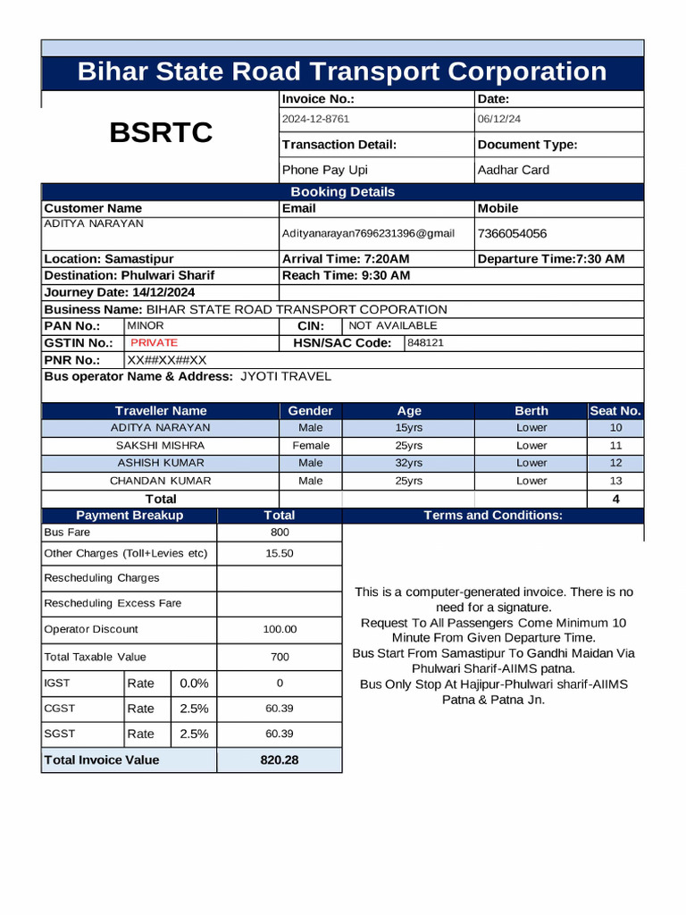 BSRTC E Ticket | PDF
