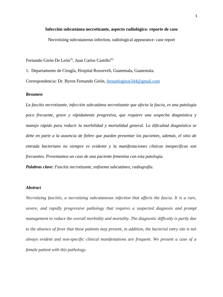 Infección Subcutánea Necrotizante, Aspecto Radiológico, Reporte de Caso ...