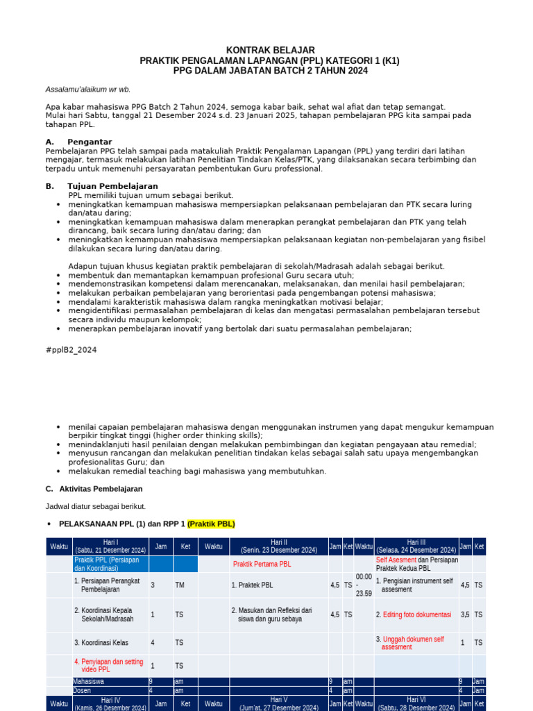 Kontrak-Belajar PPL-PTK (2024_B2) PAI_K1 | PDF