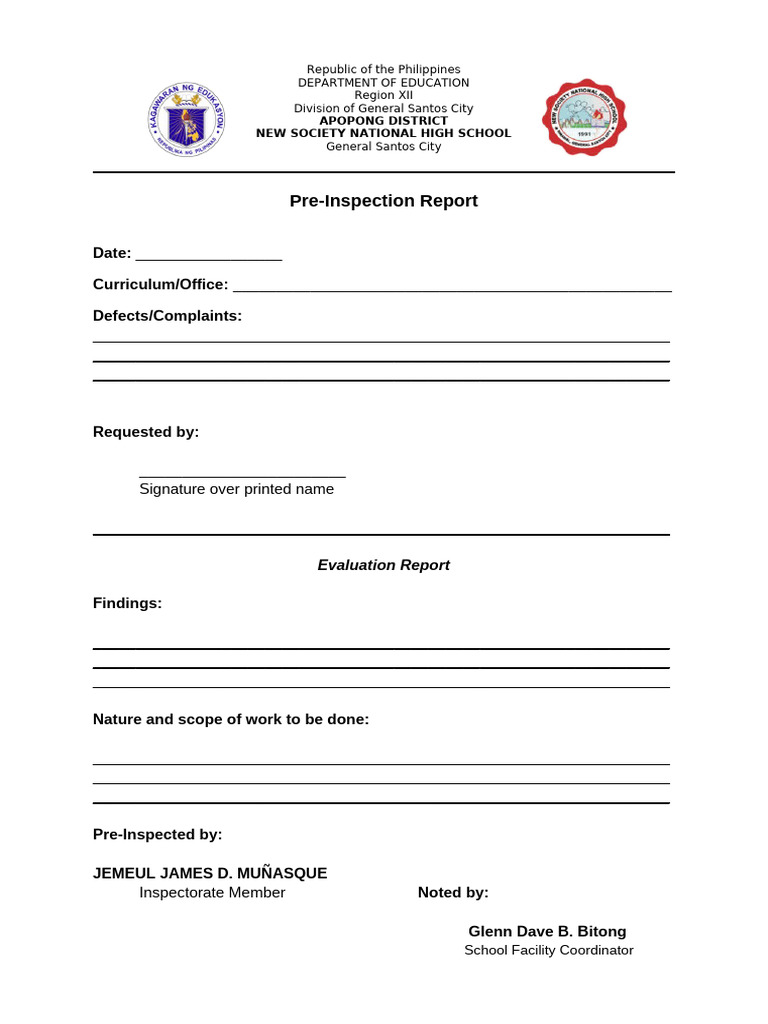 Pre-and-Post-Inspection-Report FORM | PDF | Quality
