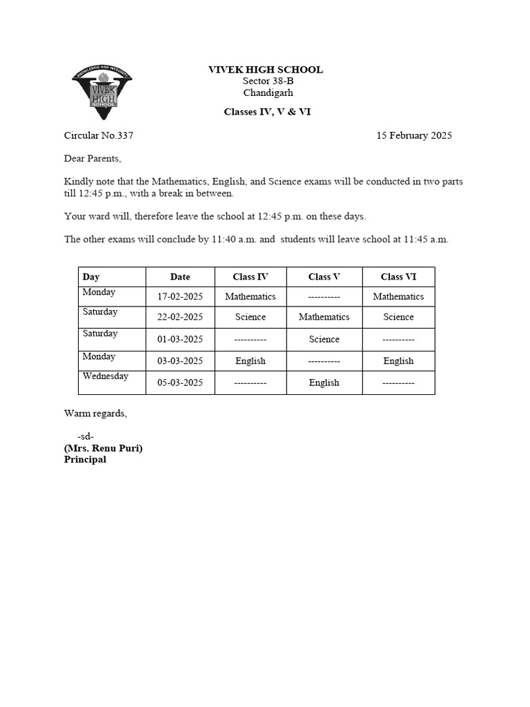 VIVEK High School Exam Schedule 2025 | PDF